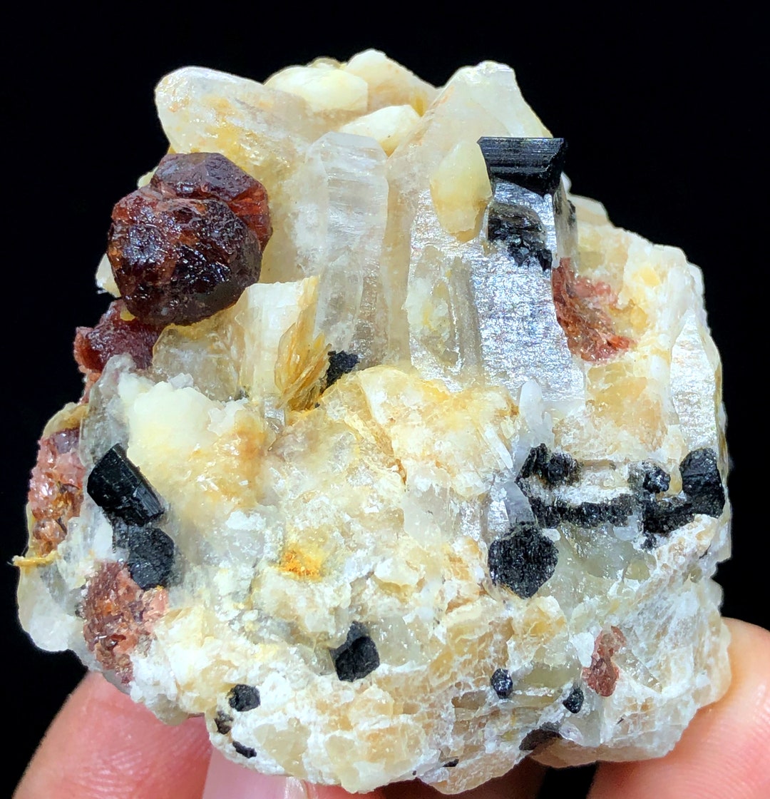 Natural Red Color Garnet Crystals With Quartz and Schorl Black ...