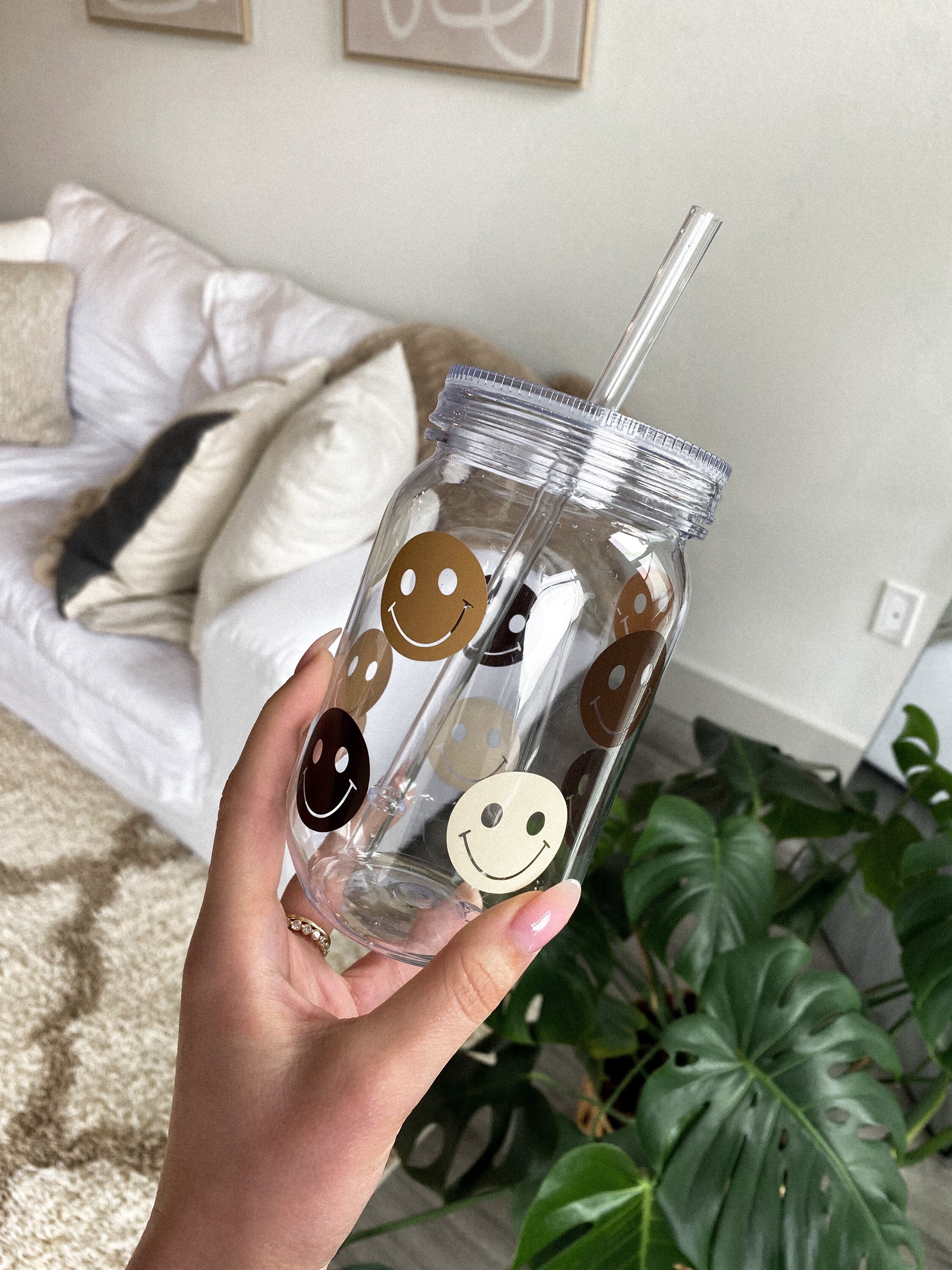 Multi Color Smiley Faces Iced Coffee Cup | 24 Oz Plastic Mason Jar Iced ...