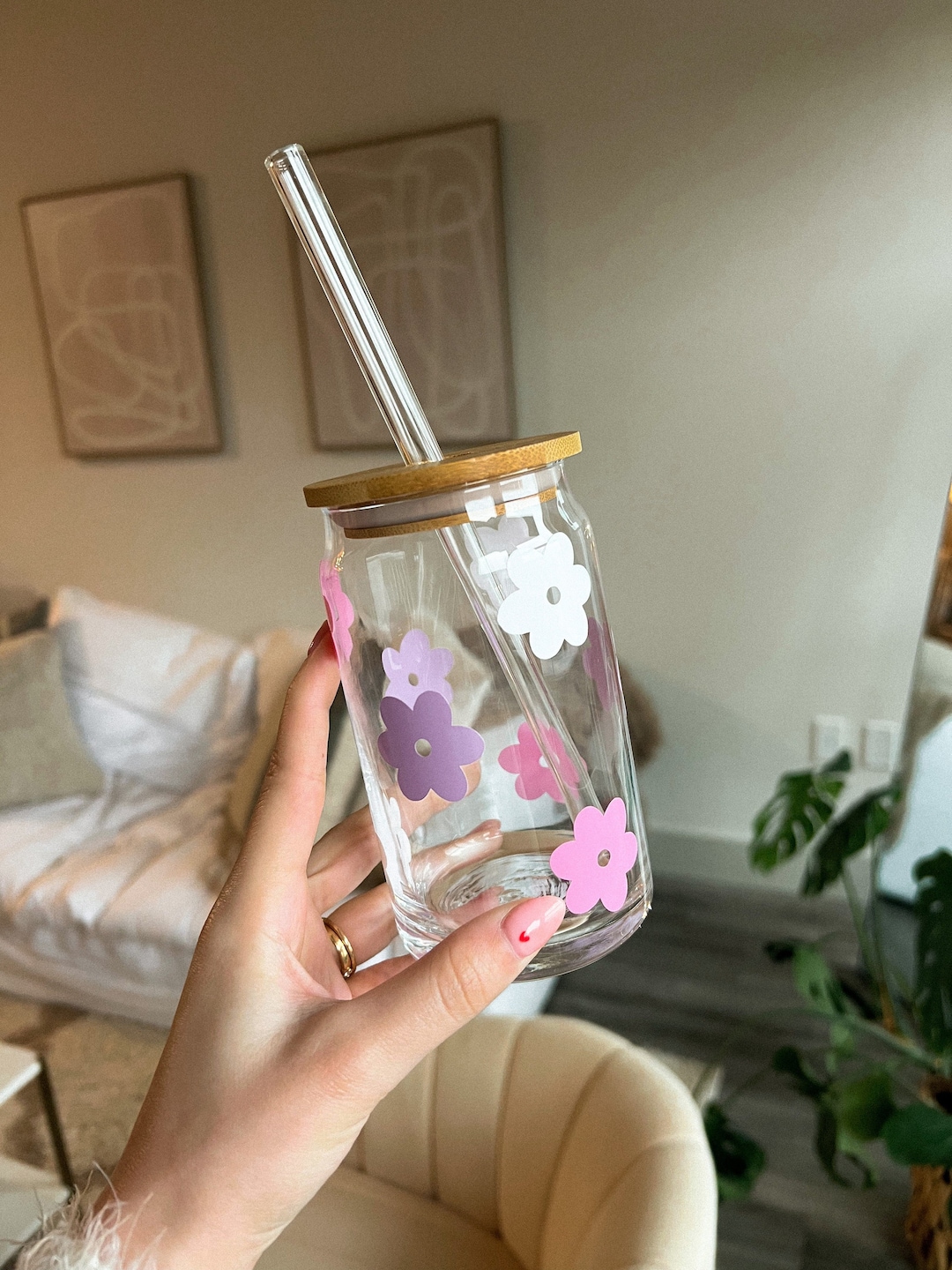 Groovy Flowers Daisy Iced Coffee Cup | Pink, White and Purple | 16oz ...