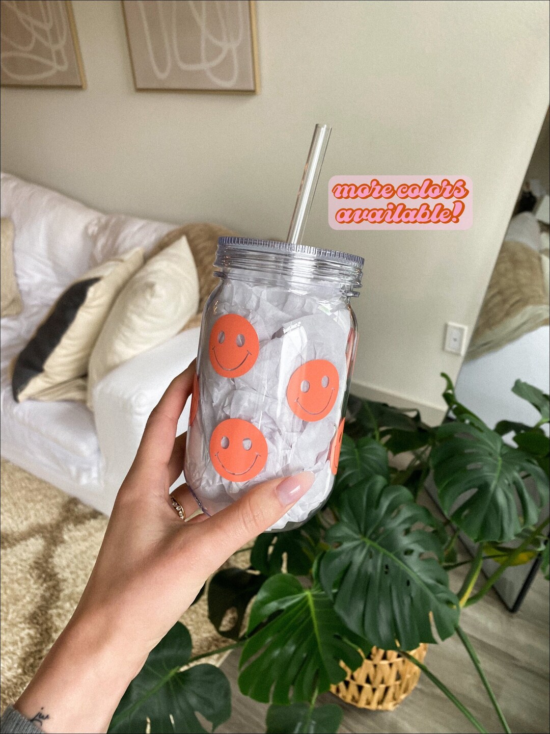 Single Color Groovy Smiley Faces Iced Coffee Cup 24 Oz Plastic Mason ...