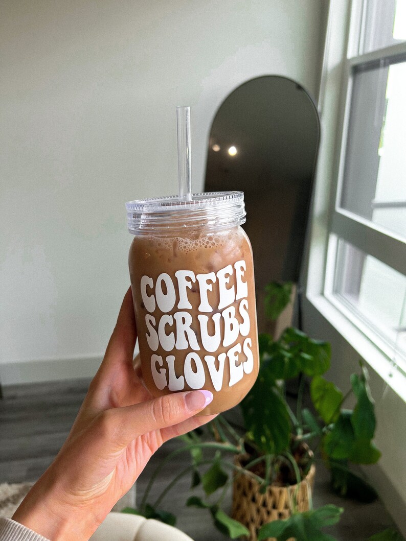 Coffee Scrubs Gloves Nurse Iced Coffee Cup | 24 Oz Plastic Mason Jar ...