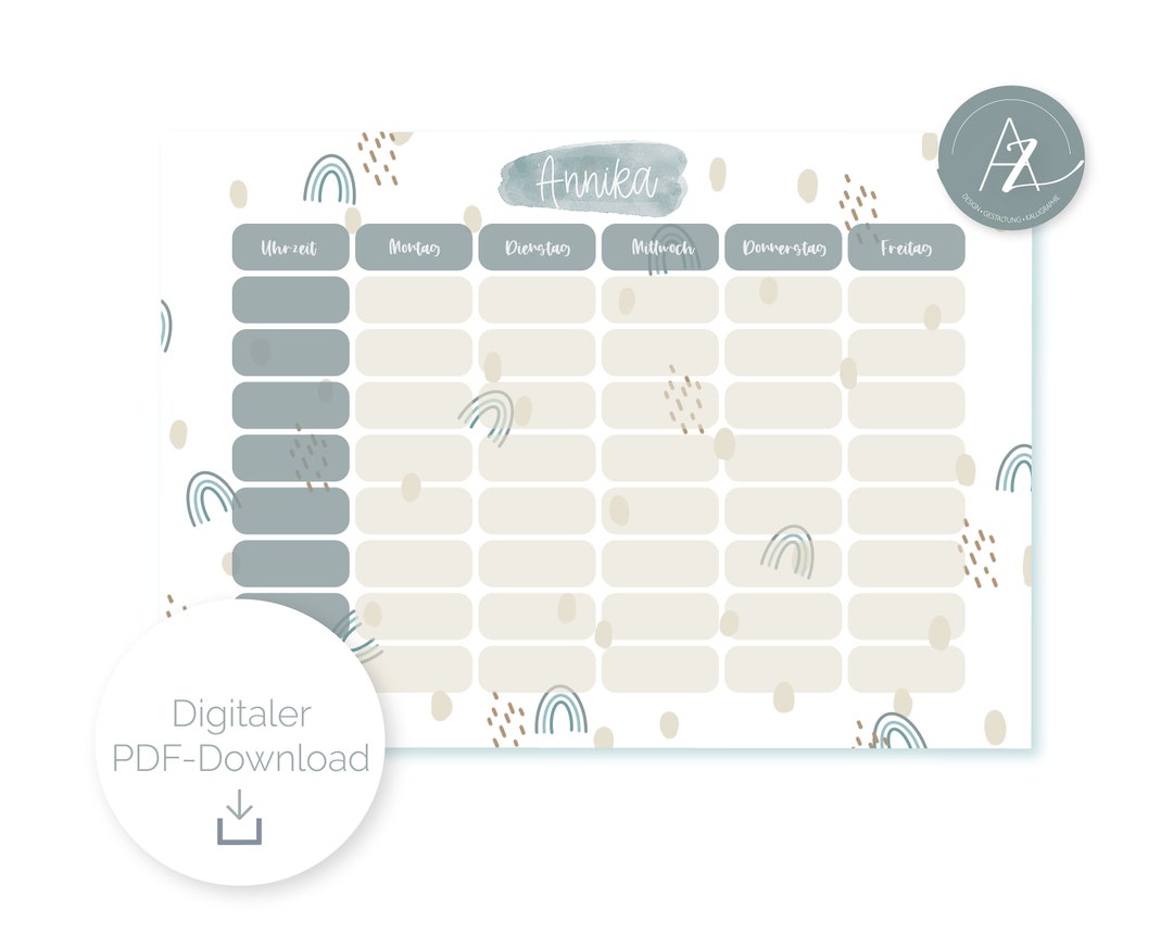 Personalized Digital Timetable to Print rainbow Blue - Etsy