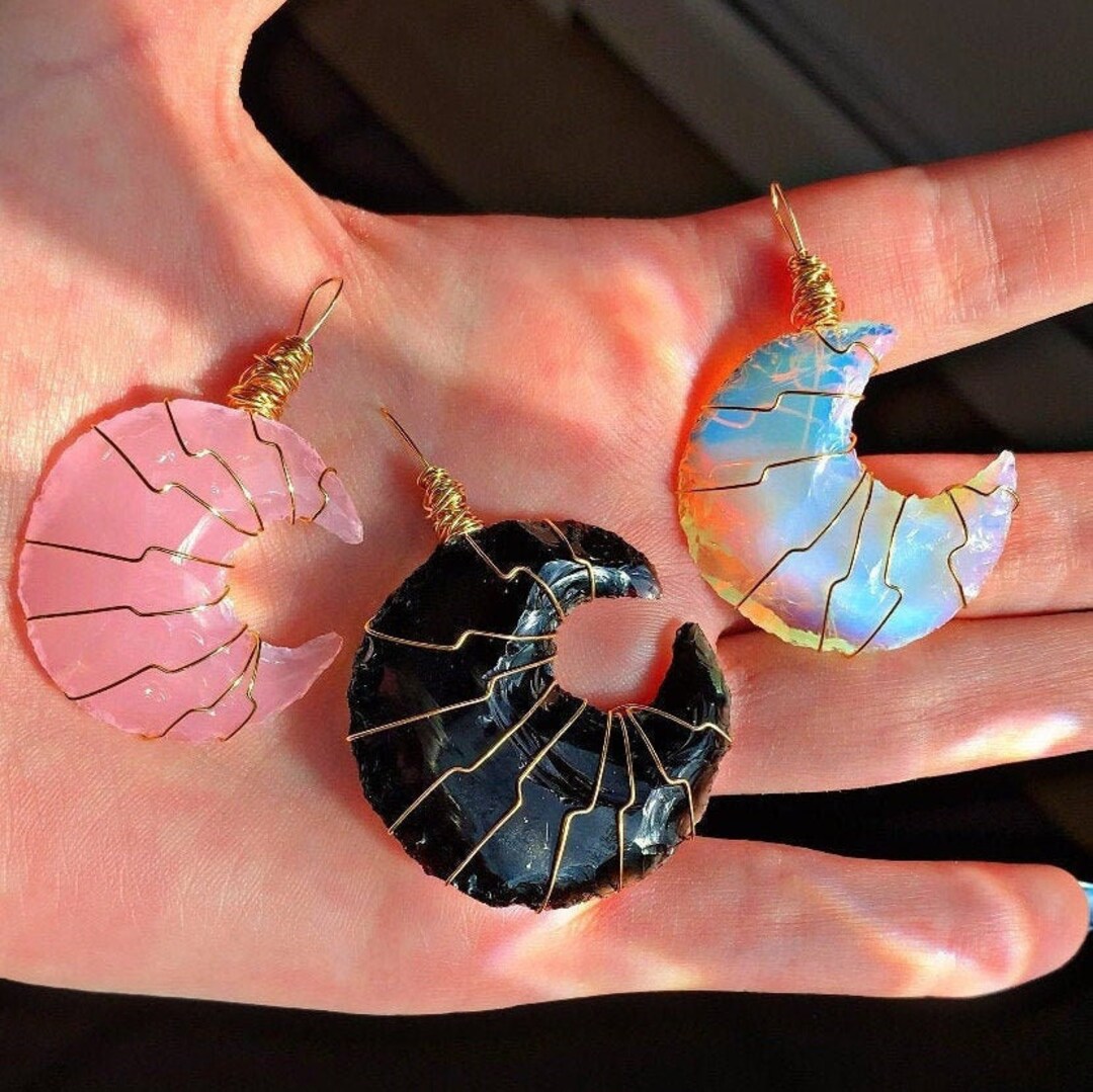 Wire Wrapped Minimalist Crystal Moon Pendant; Geometric Abstract Gold ...