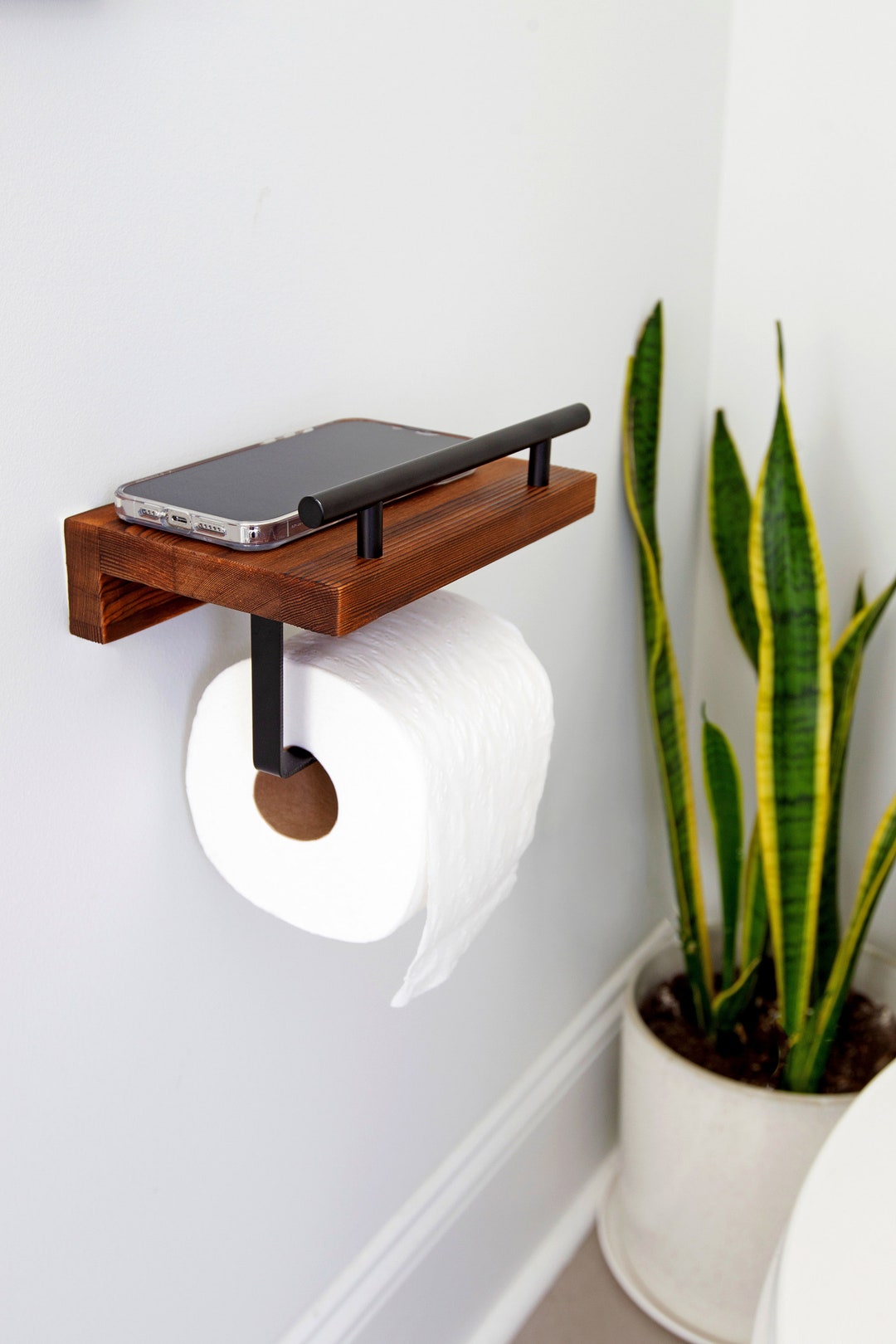 Wood Toilet Paper Holder With Shelf - Wall Mounted Rustic Modern ...