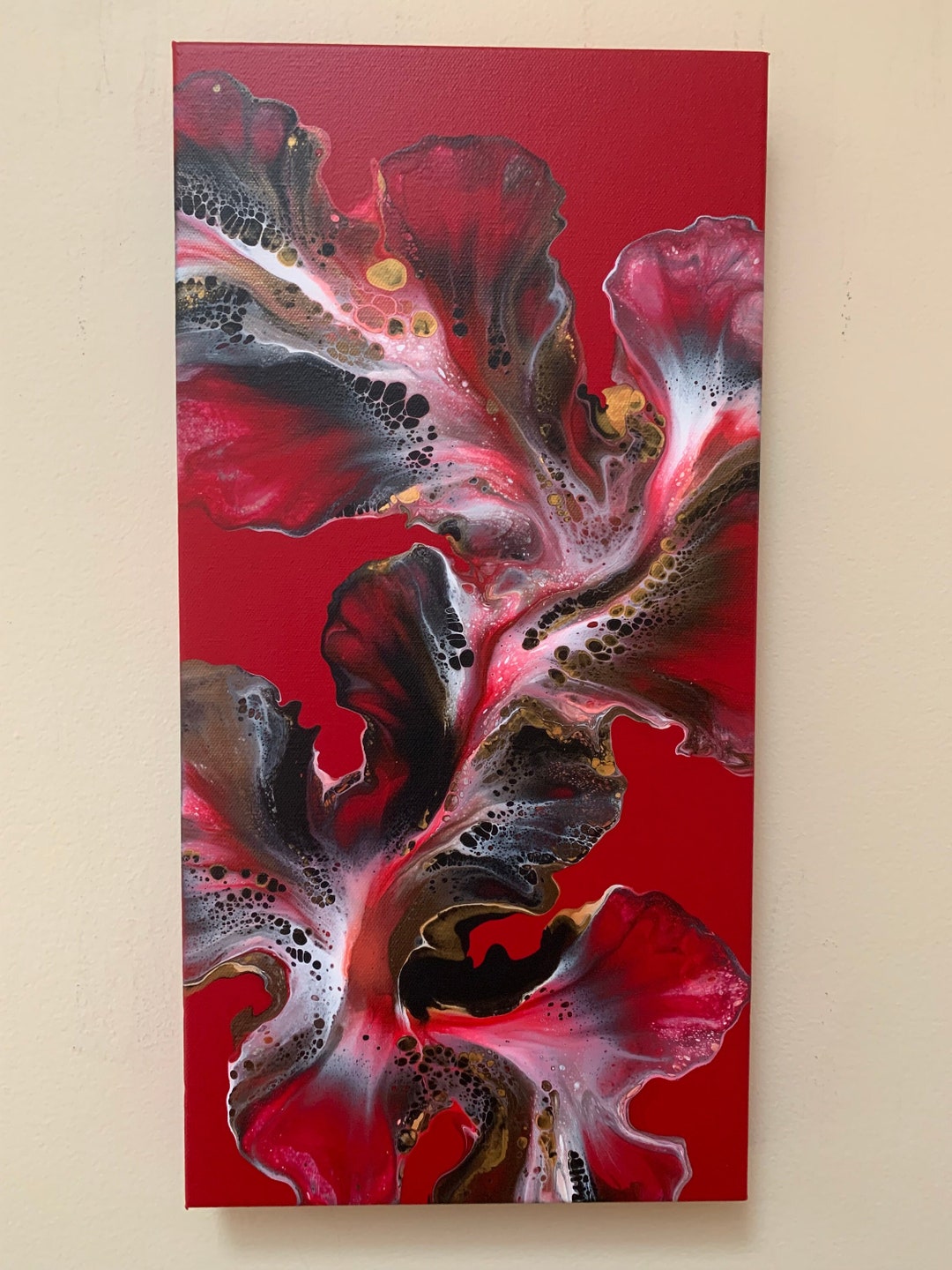 Bright Red Fluid Art Painting on 10 X 20 Gallery Wrapped Canvas, Dutch ...