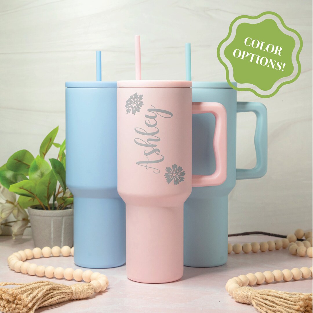 Personalized 40oz Tumbler: Engraved Insulated Cup With Handle & Straw ...