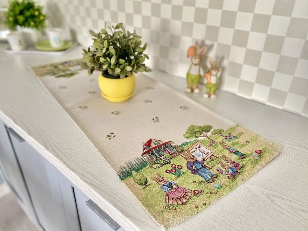 Green Village Design, Tapestry Table Runner, Easter Table Cover, Green ...