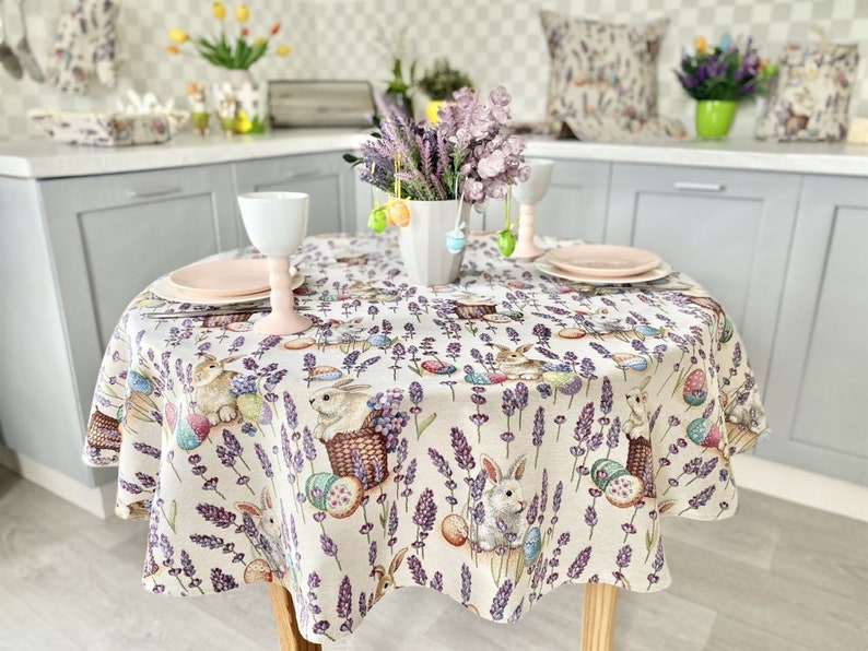 Violet Round Easter Tablecloth With Bunnies and Eggs, Tapestry ...