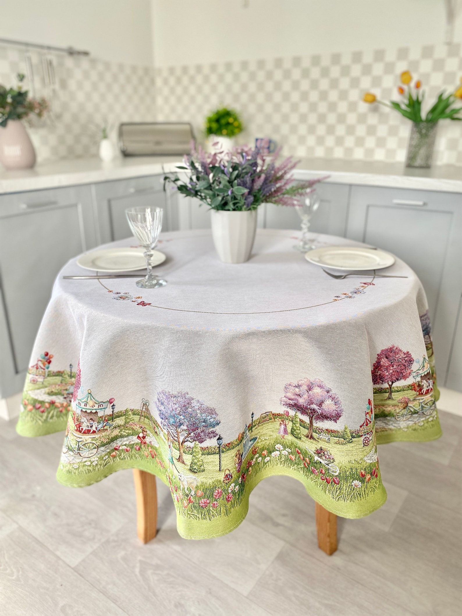 Kitchen Round Tablecloth, Floral Trees Spring Tablecloth, Circle ...