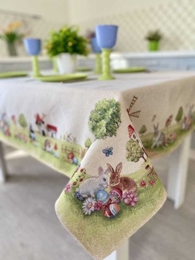 Easter Tablecloth’s, Easter Textile, Easter Tablecloth With Eggs Bunny ...