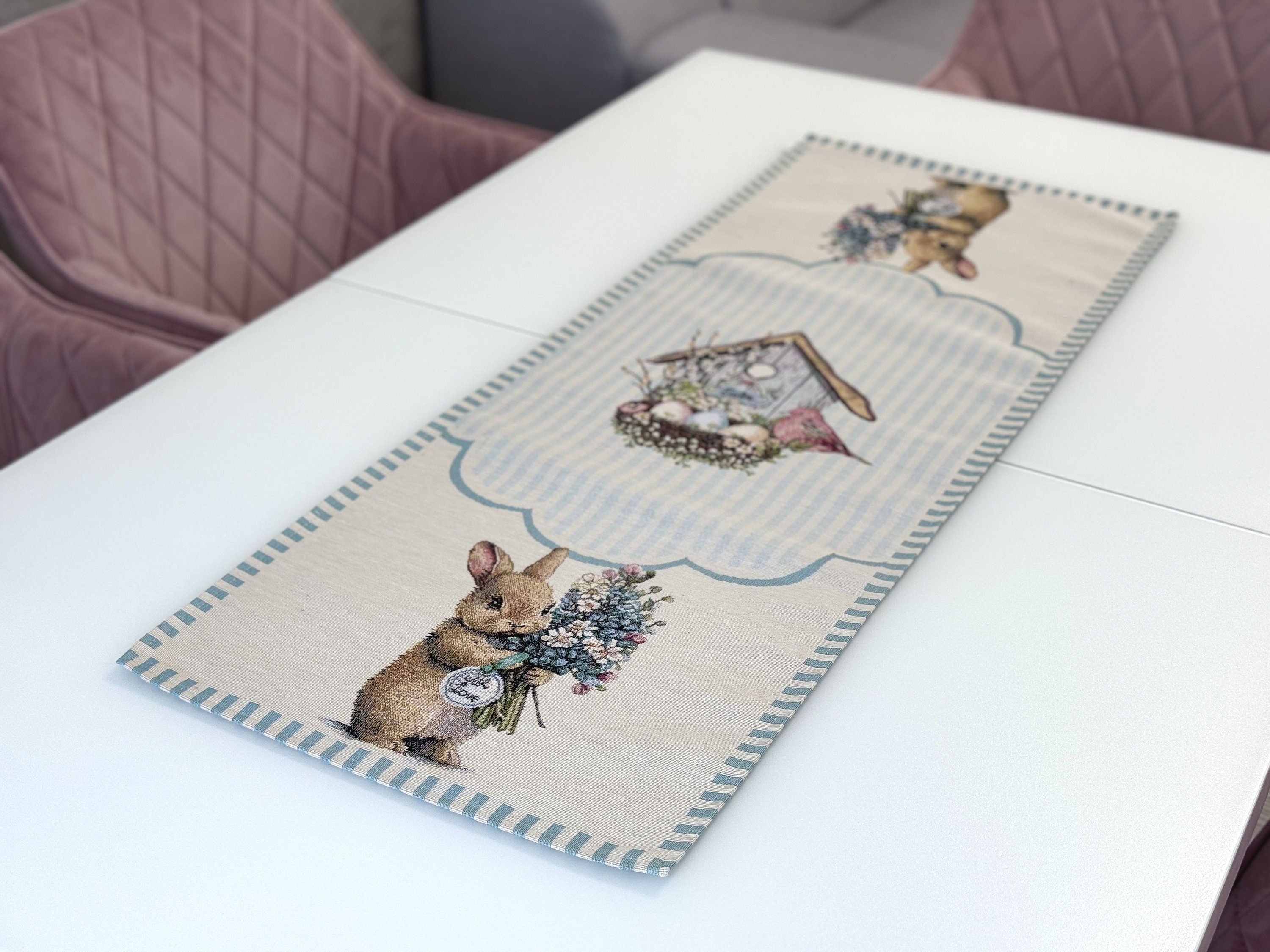 Blue Color Table Runner, Rabbit Tablecover, Bunny Table Cover, Seasonal ...