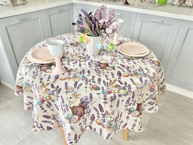 Violet Round Easter Tablecloth With Bunnies and Eggs, Tapestry ...