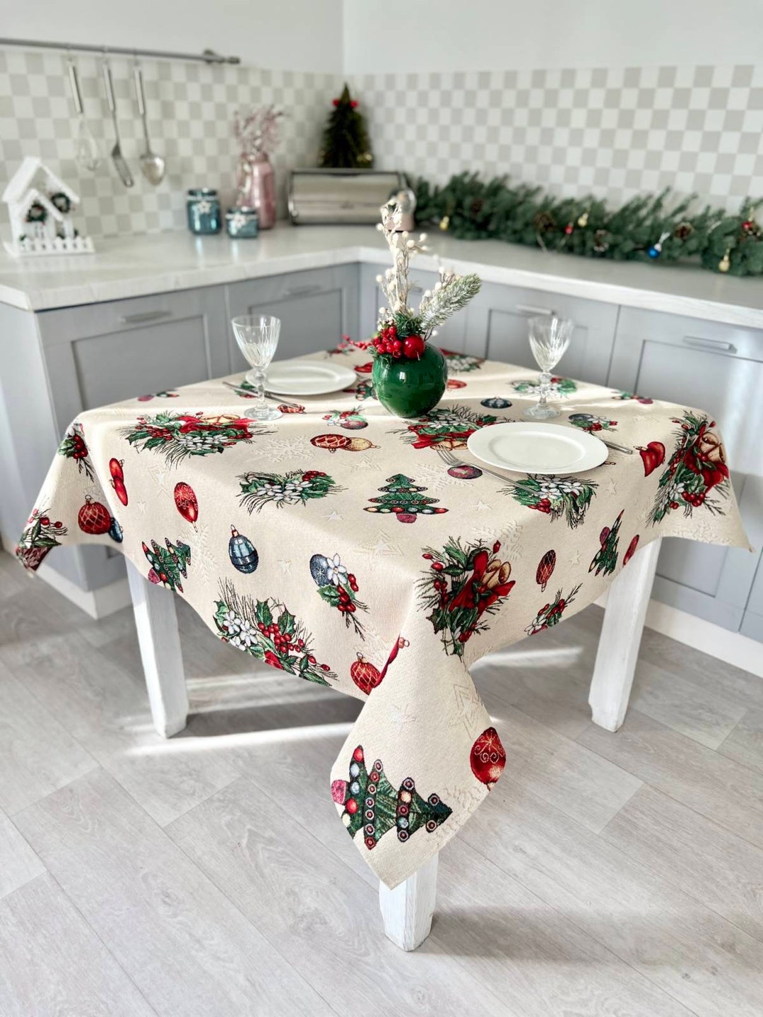 Custom Rectangle Christmas Tablecloth, Winter and Christmas Ornaments ...