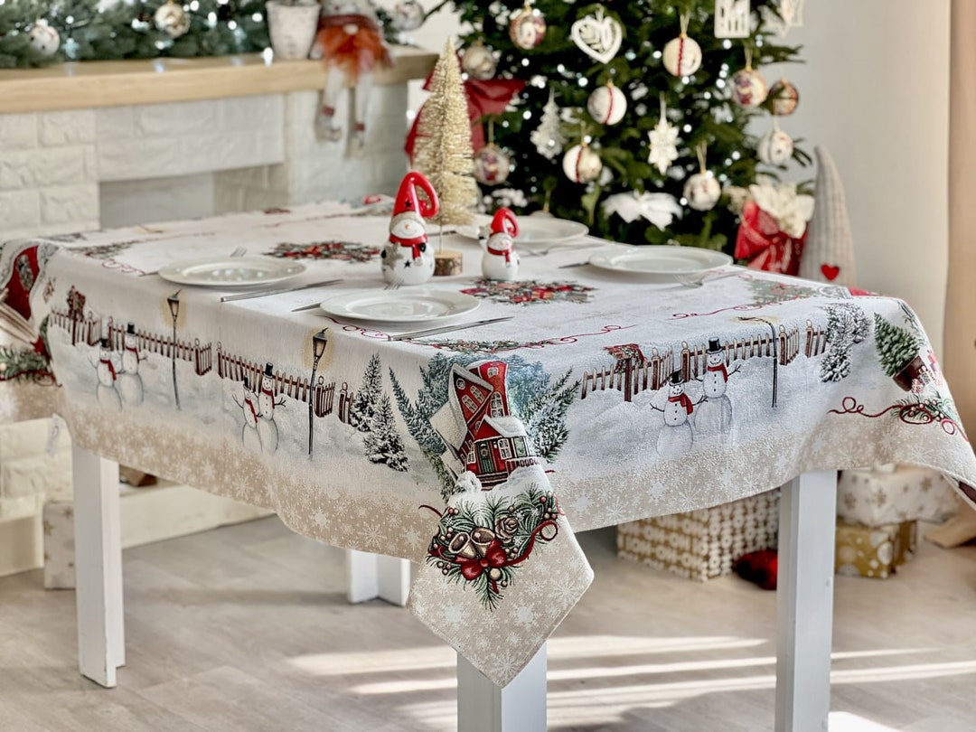 Xmas Ornaments Table Linens, Tapestry Tablecloth, Christmas Tablecloth ...