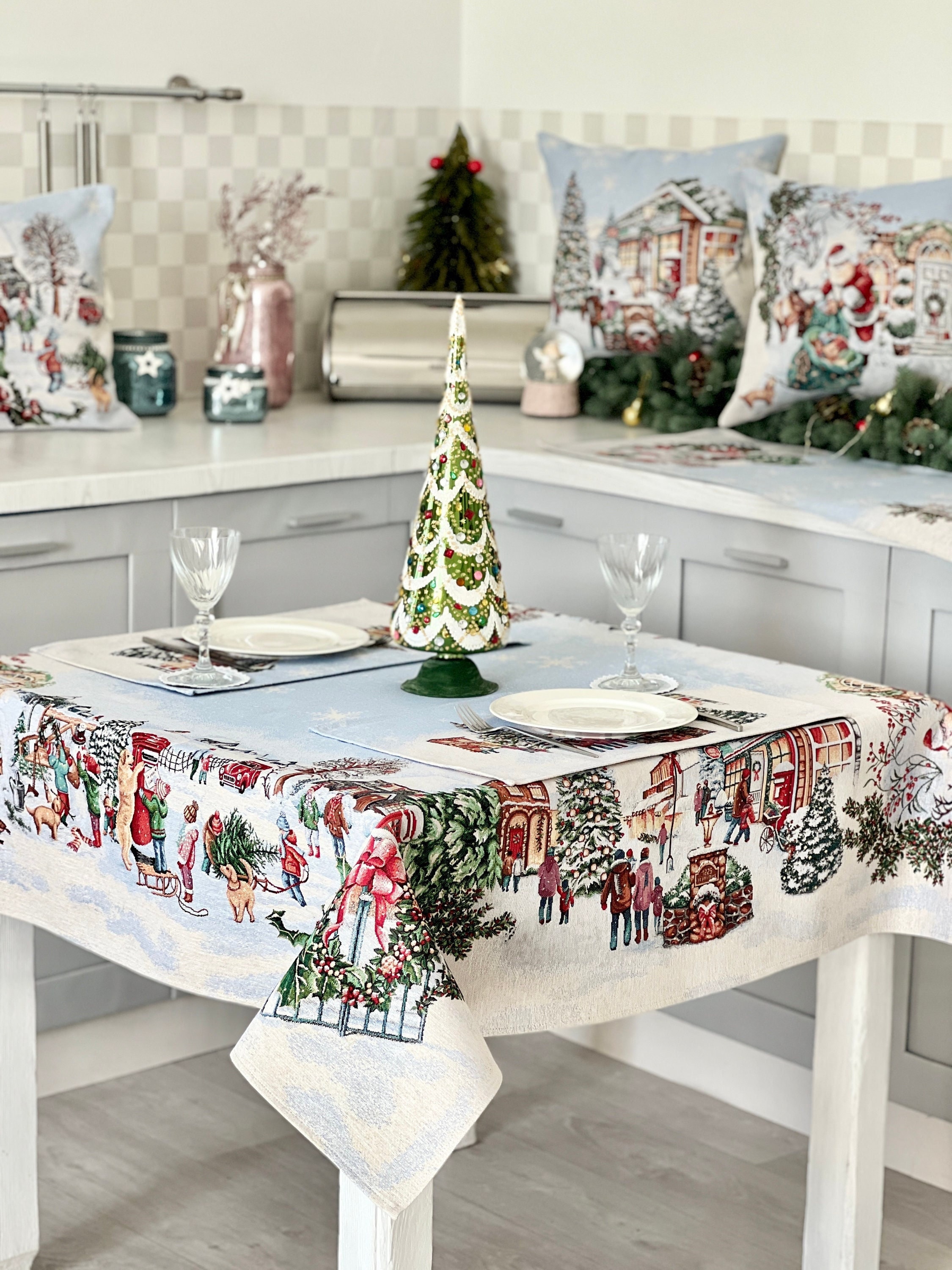 Winter in Village Design, Christmas Holiday Tablecloth, Tapestry Snow ...