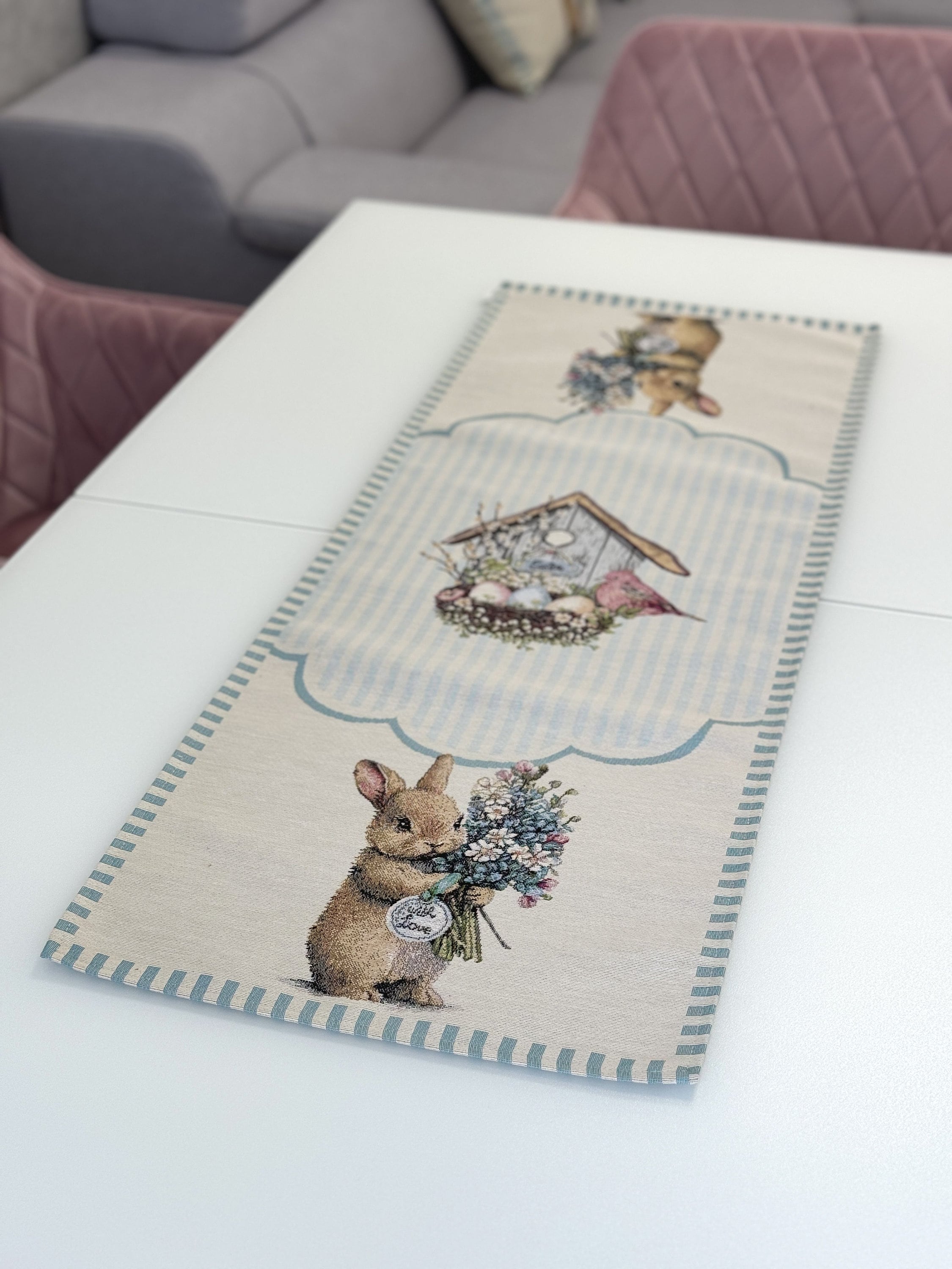 Blue Color Table Runner, Rabbit Tablecover, Bunny Table Cover, Seasonal ...