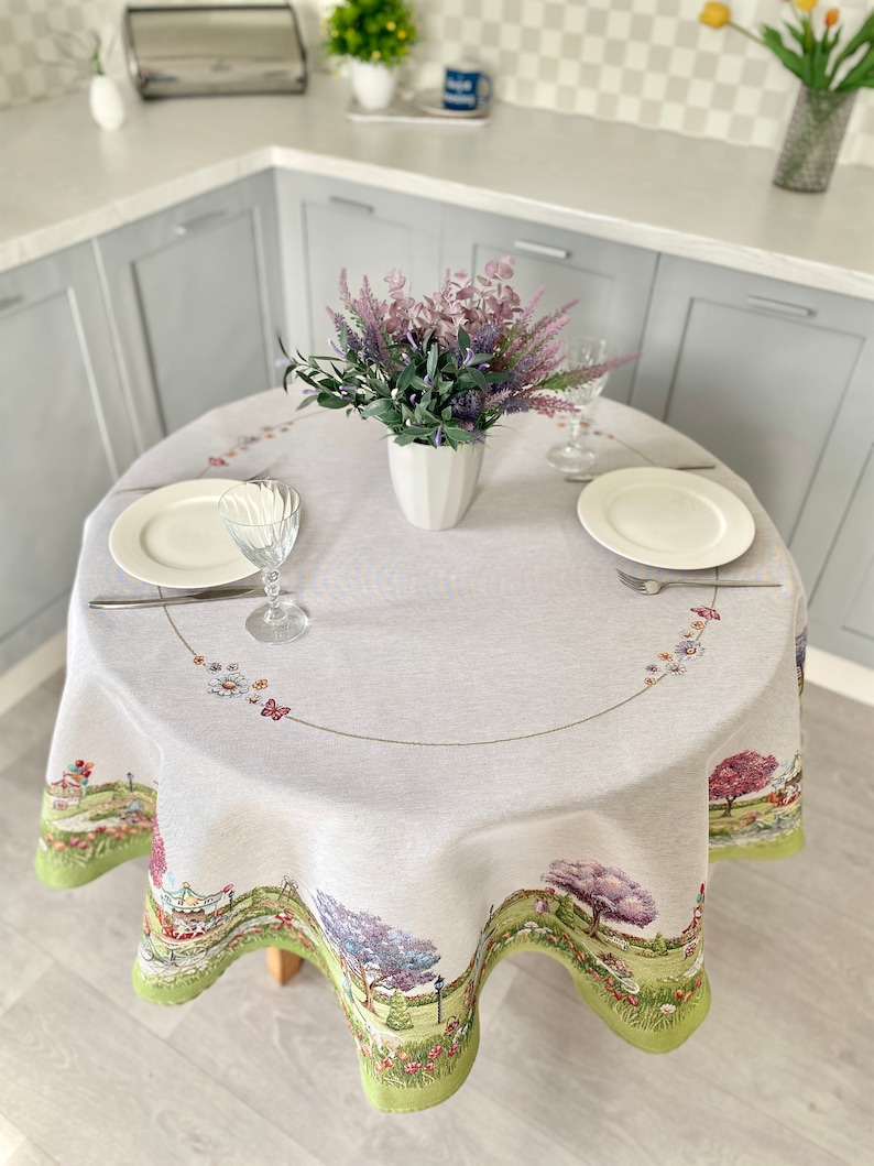 Kitchen Round Tablecloth, Floral Trees Spring Tablecloth, Circle ...