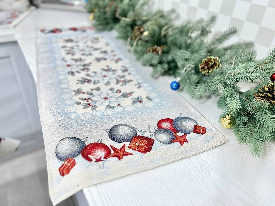 Snow Blue Christmas Table Runner, Long Table Napkin, Table Decoration ...