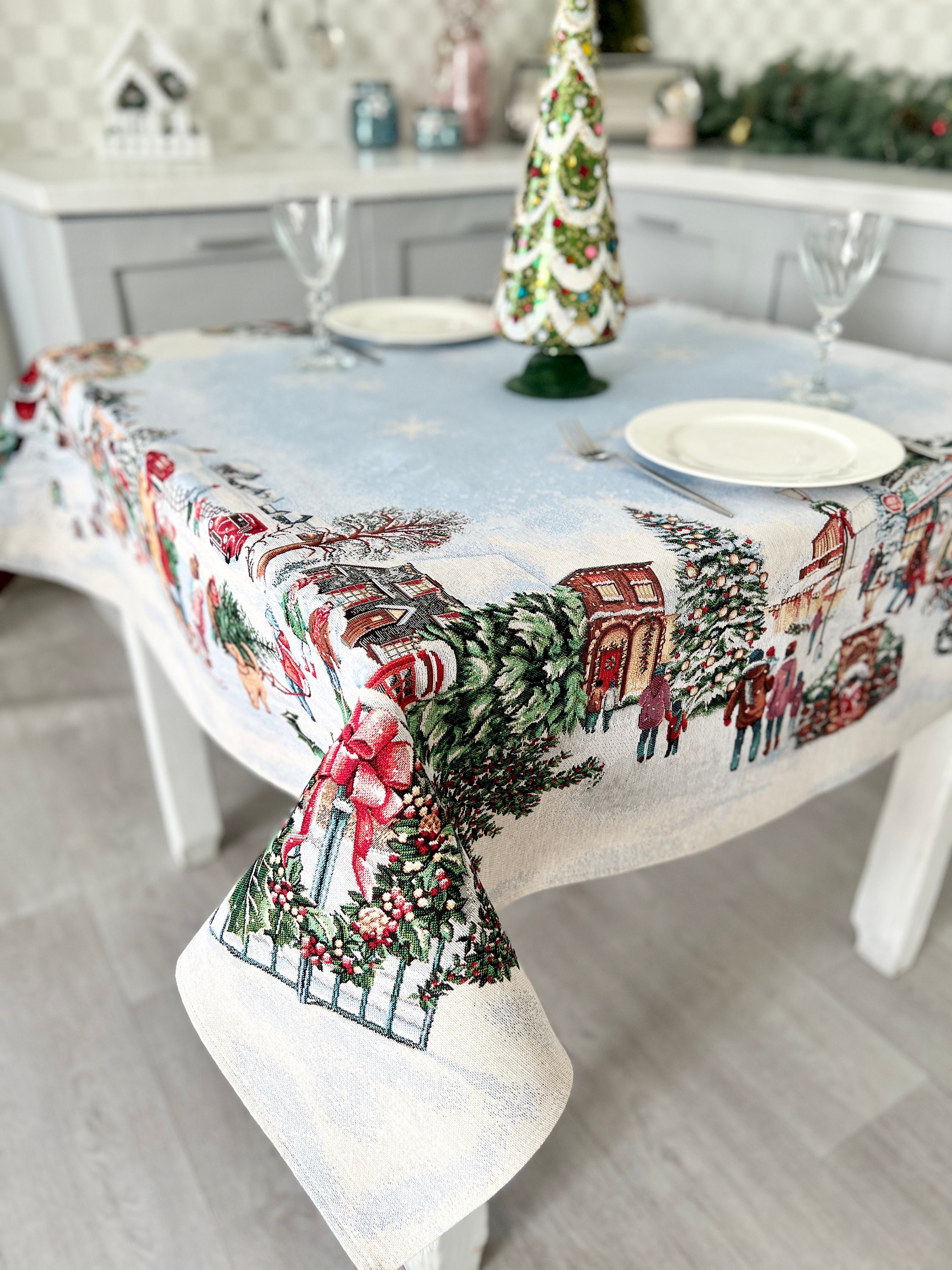 Winter in Village Design, Christmas Holiday Tablecloth, Tapestry Snow ...