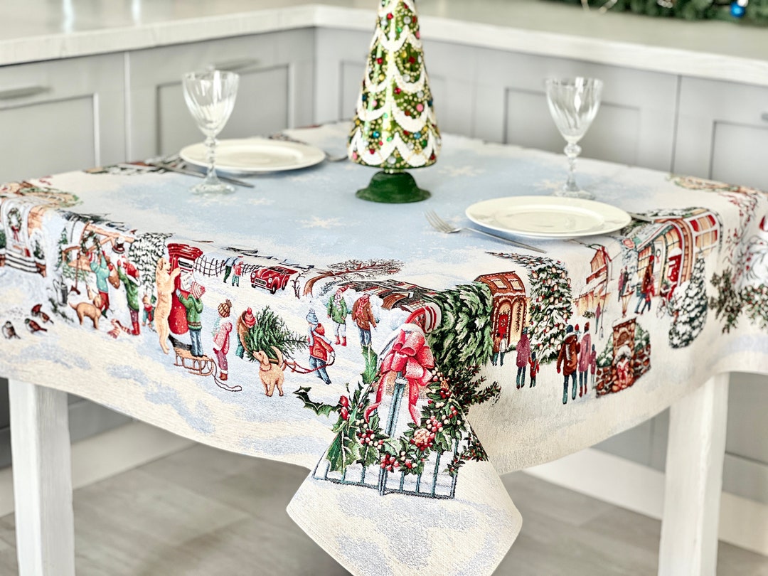 Winter in Village Design, Christmas Holiday Tablecloth, Tapestry Snow ...