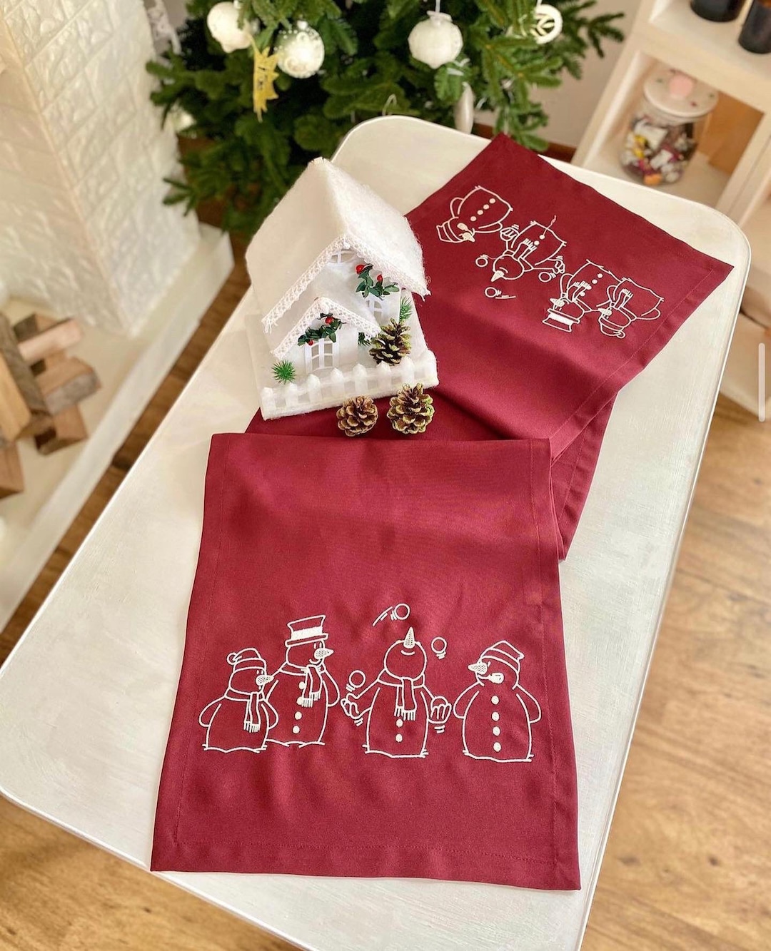 Christmas Table Runner With Embroidery Ornaments, Embroidered Table ...