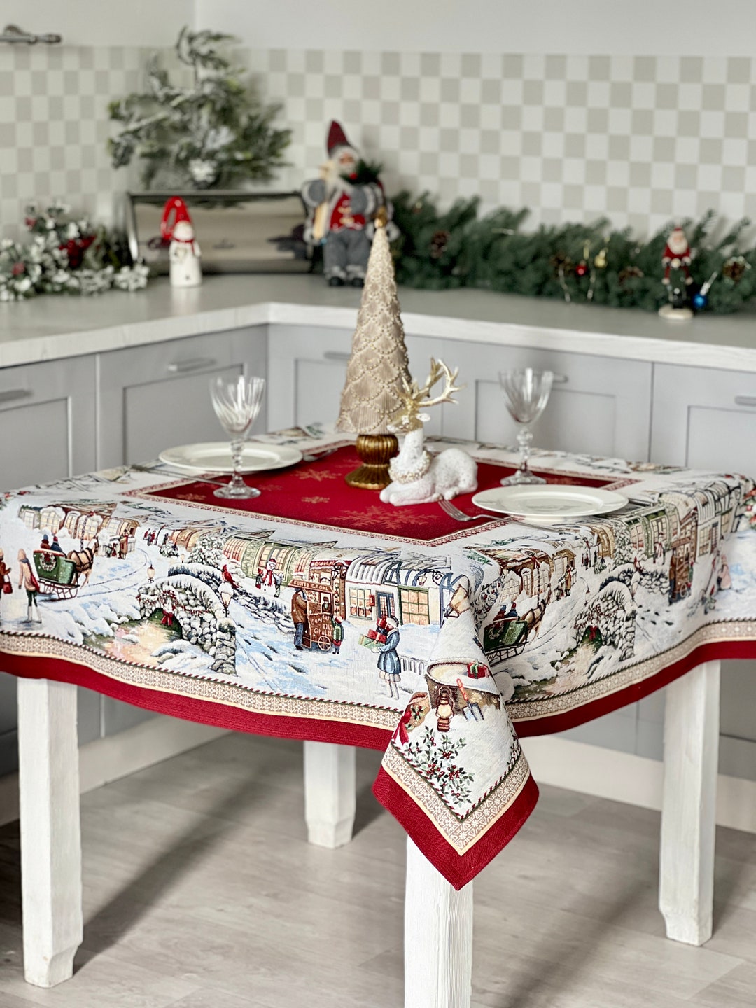 Christmas Color Red Table Linens, Tapestry Tablecloth, Christmas Table ...