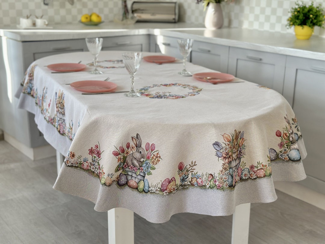 Oval Big Easter Tablecloth, Easter Bunny, Kitchen Easter Textiles ...