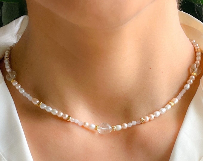 Rose Quartz Freshwater Pearl and Shell Choker | Rutilated Green Quartz ...