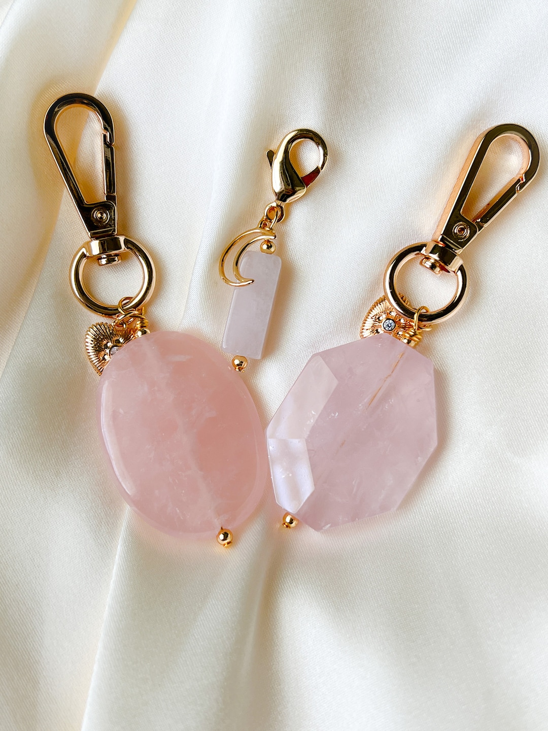 Rose Quartz Natural Gemstone Gold Keychain Crystal Keychain Healing ...