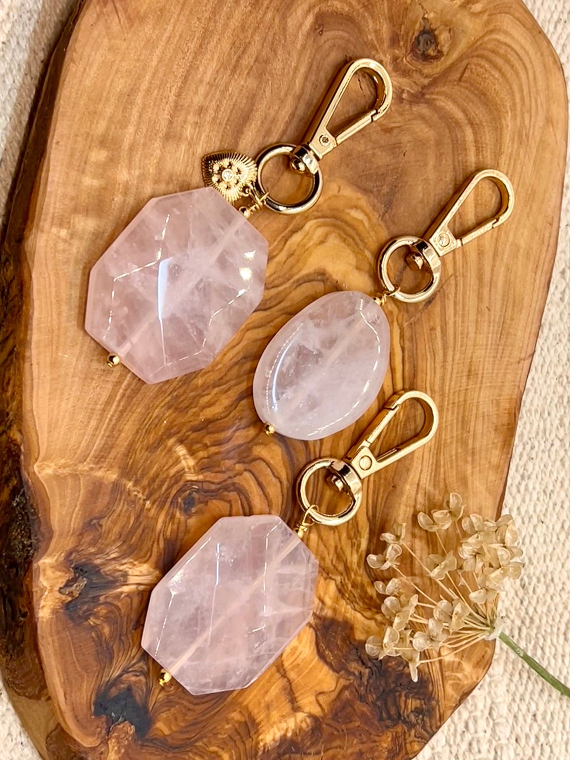 Rose Quartz Natural Gemstone Gold Keychain Crystal Keychain - Etsy