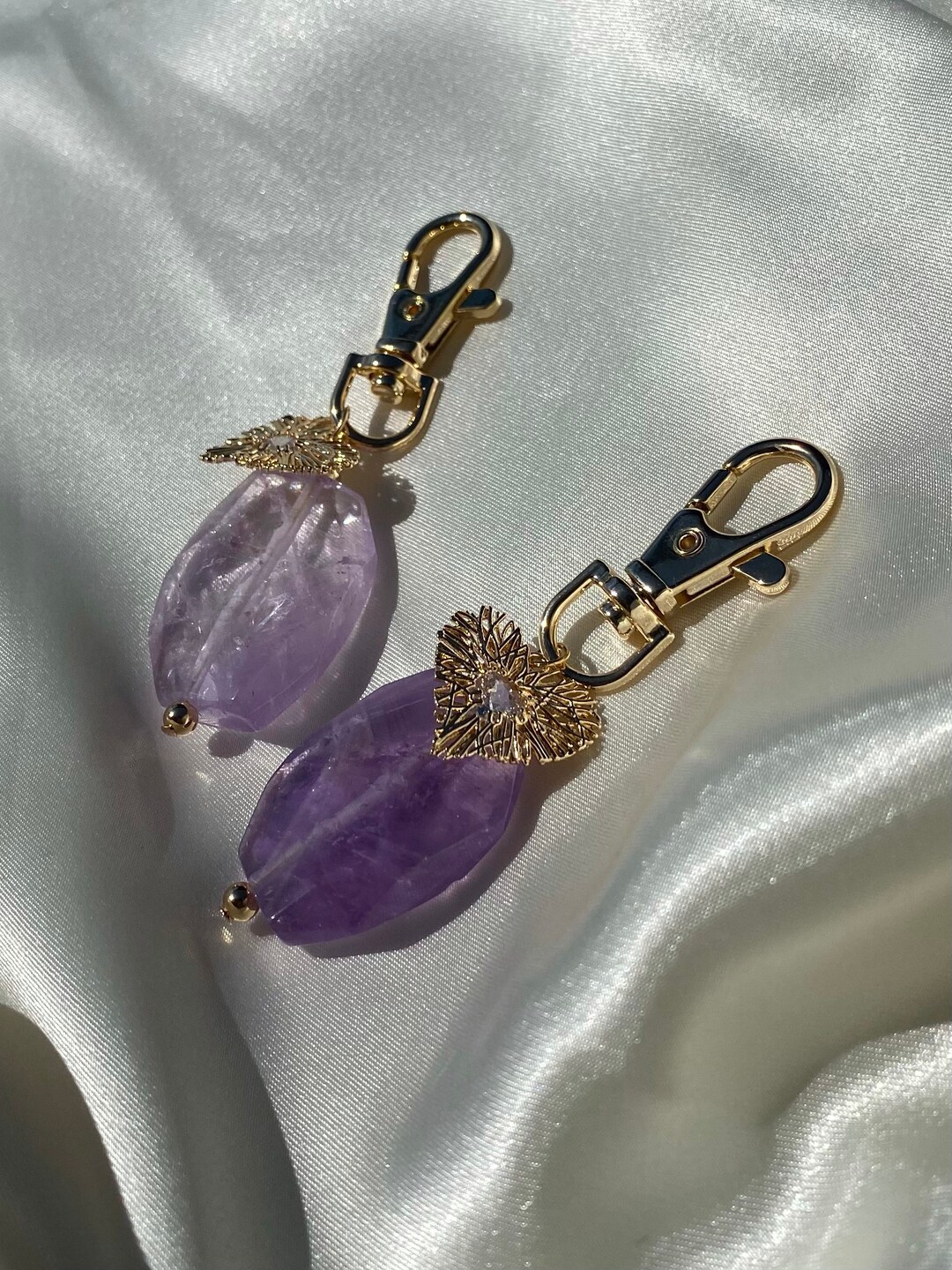Pink Amethyst Natural Gemstone Gold Keychain | Chakra Balance | Healing ...