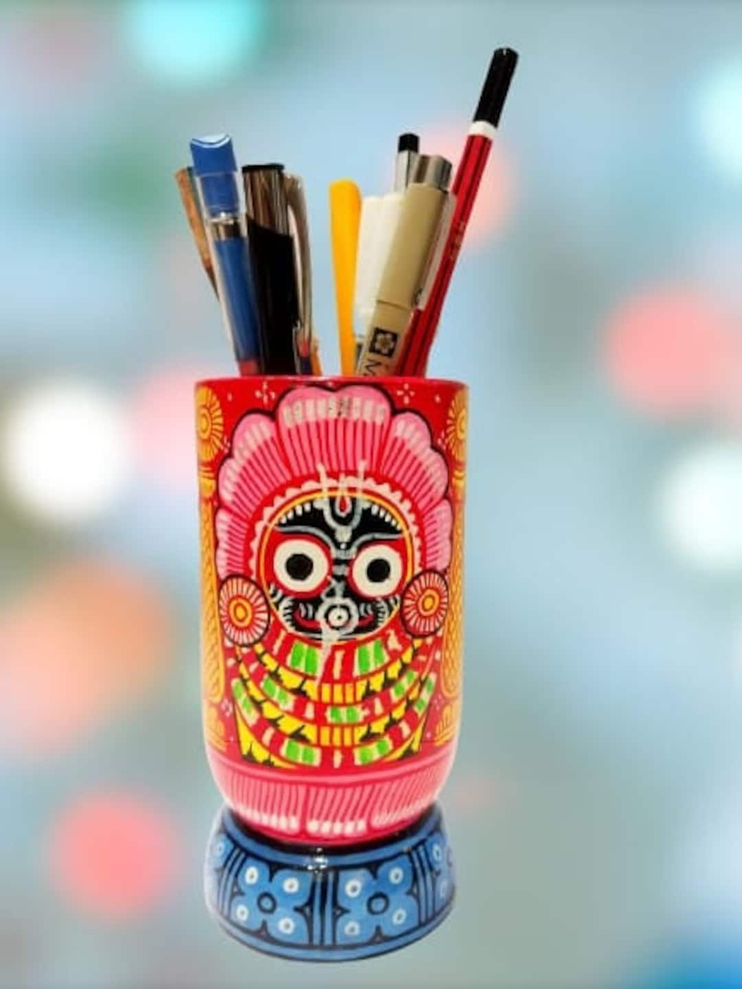 Pen Holder, Handmade Hand Painted Pen Holder, Jagannath Art Wooden Pen ...