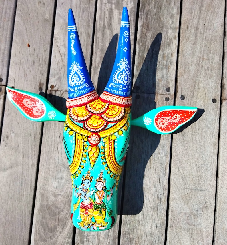 Wooden Nandi Cow Head Bull Head Hand Painted Nandi Krishna Balaram ...