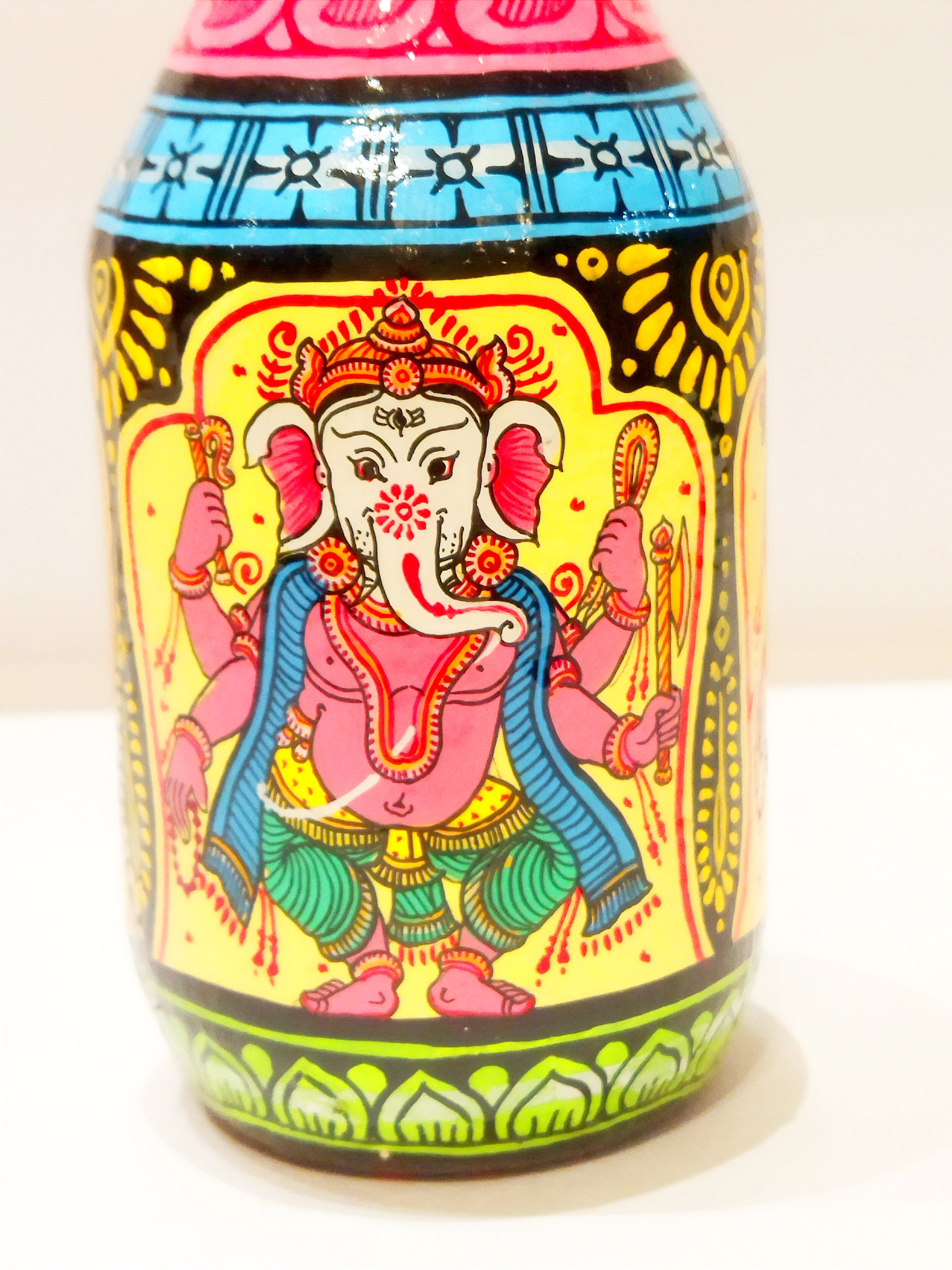 Handpainted Bottle/ Pattachitra Ganesha Bottle / Hare Krishna/ Spritual ...