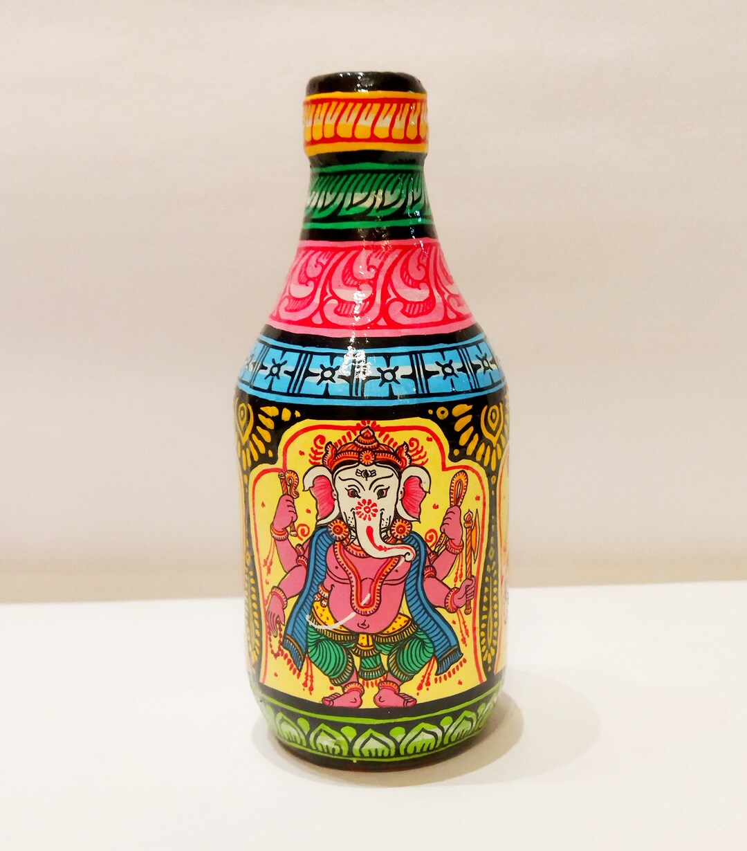 Handpainted Bottle/ Pattachitra Ganesha Bottle / Hare Krishna/ Spritual ...