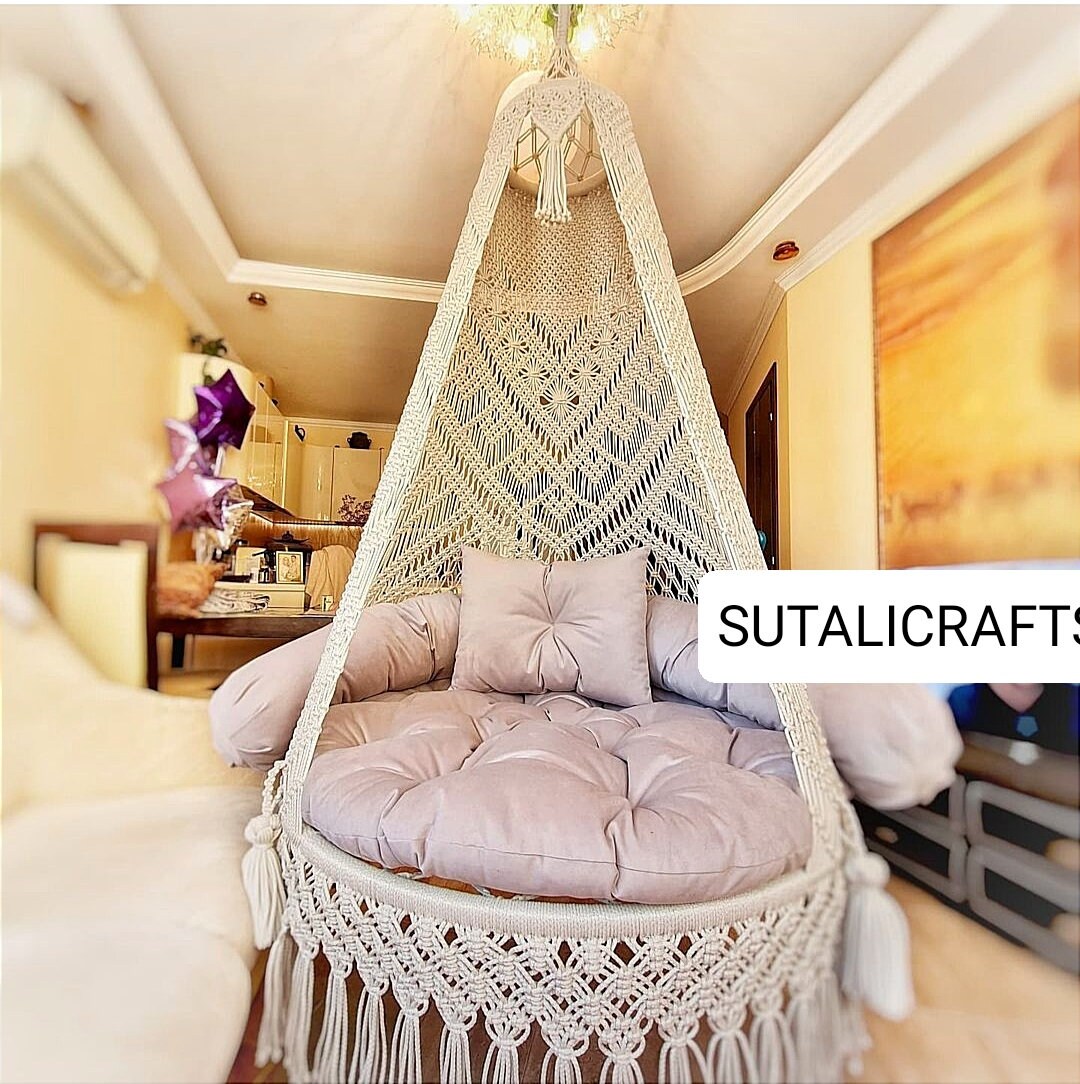 Handmade Macrame Double Seated Swing, Boho Hanging Porch Chair, Hammock ...