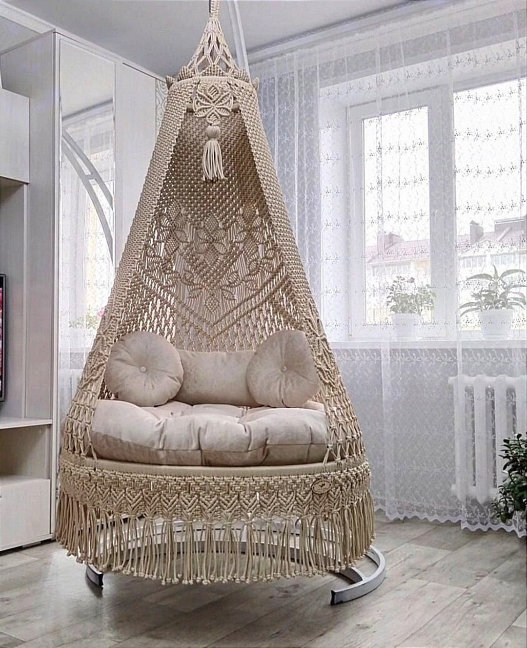 Macrame Swing With Designer Pillows, Macrame Hanging Chair, Macrame ...
