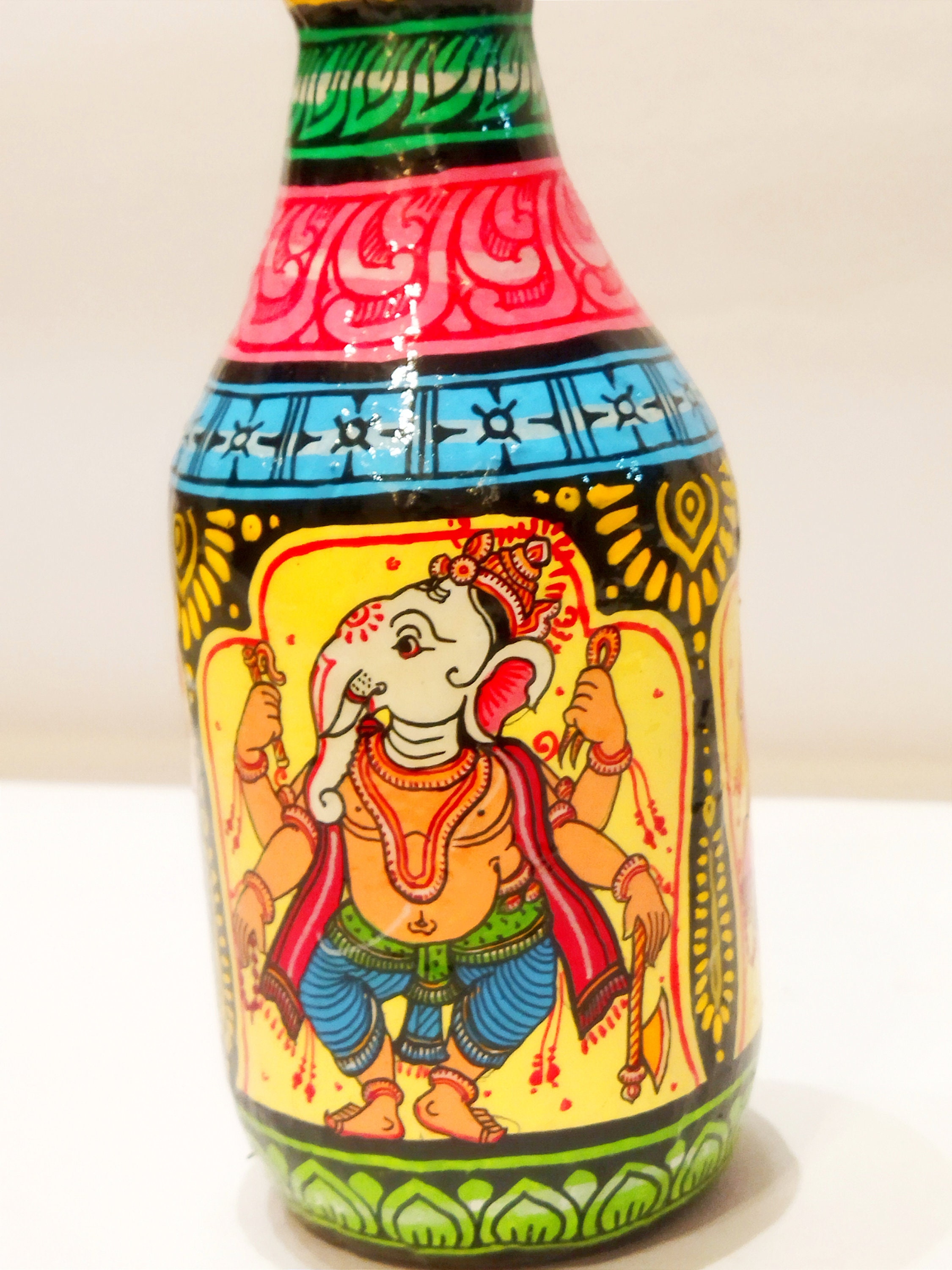 Handpainted Bottle/ Pattachitra Ganesha Bottle / Hare Krishna/ Spritual ...