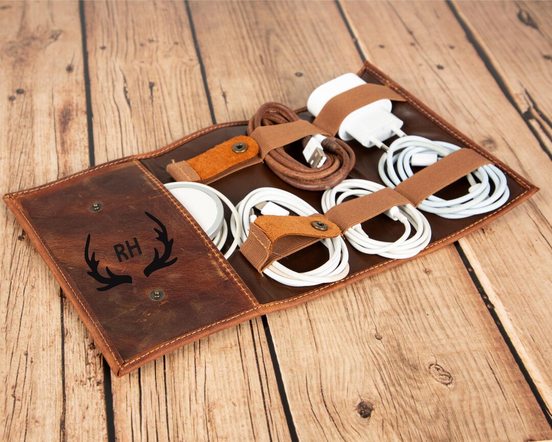 Personalized Leather Cable Organizer: Handmade Tech Travel Roll - Etsy