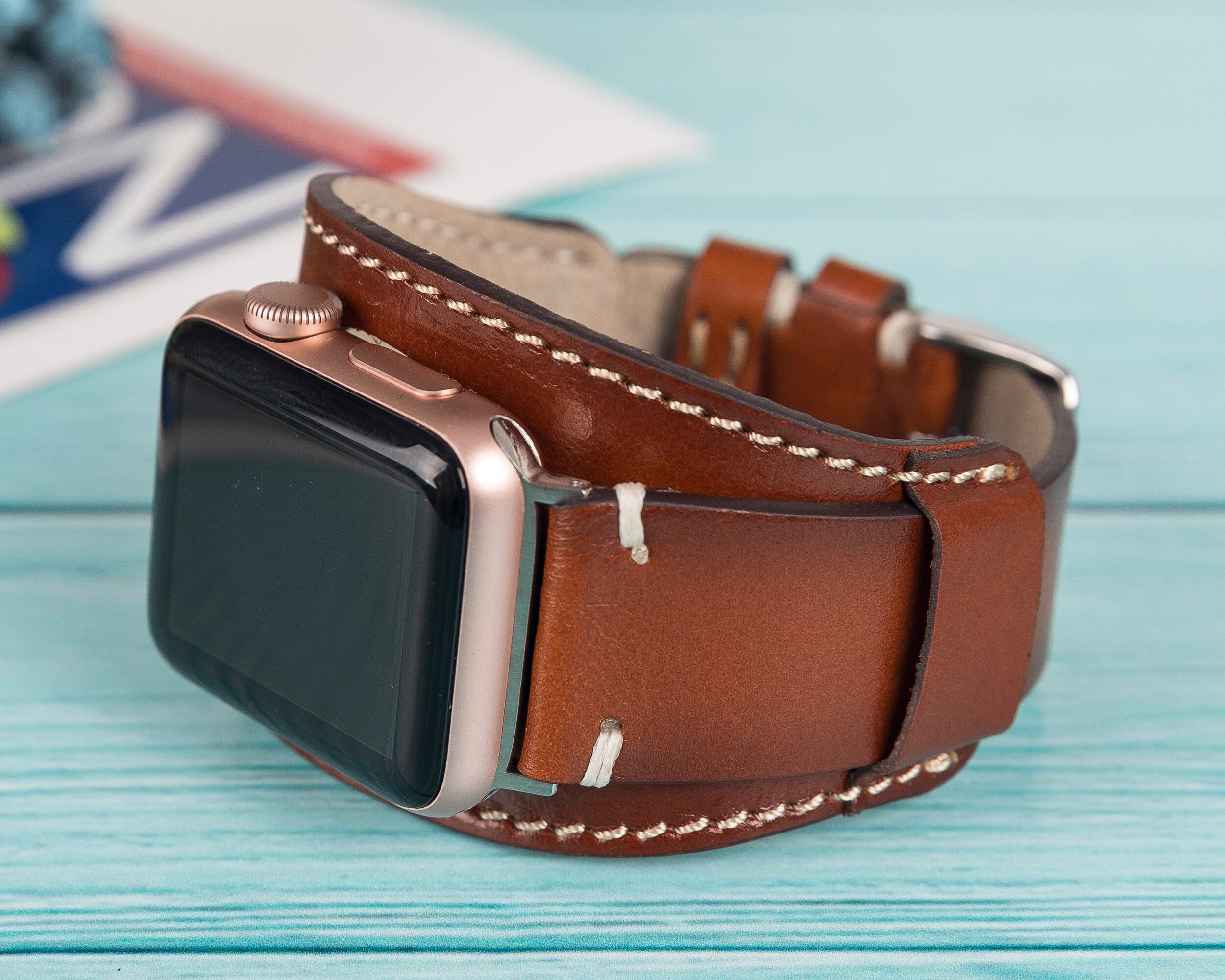 Brown Genuine Leather Slim Cuff Apple Watch Band - Etsy UK
