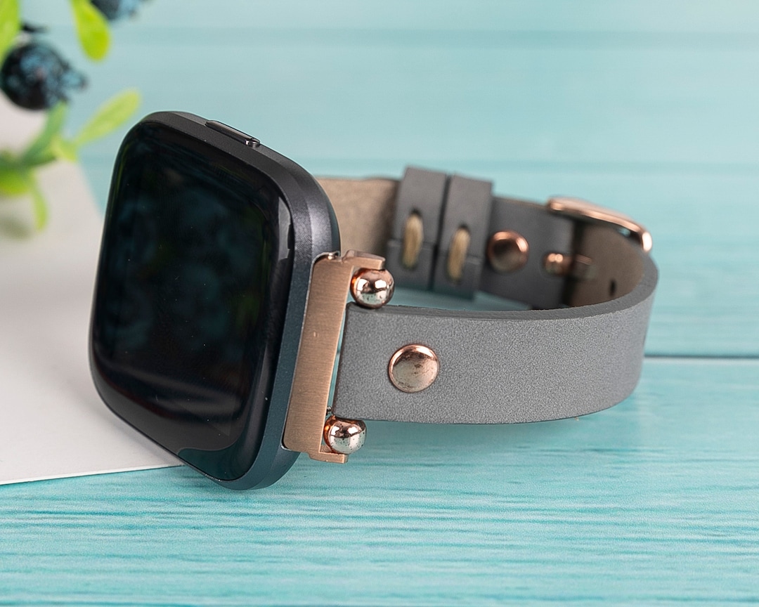 Grey Leather Fitbit Versa/sense Band: Thin Beaded Strap, Personalizable ...