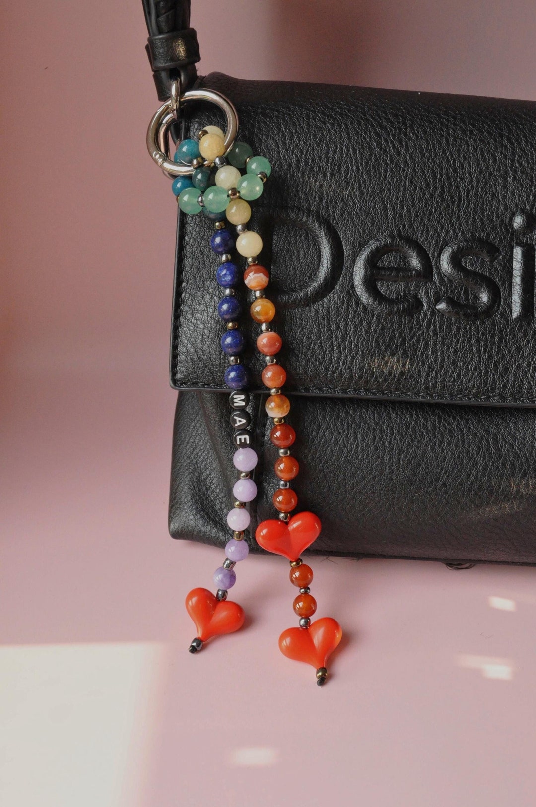 Gemstone Chunky Heart Beaded Bag Charm | Natural Stone Bead Bag Tag ...
