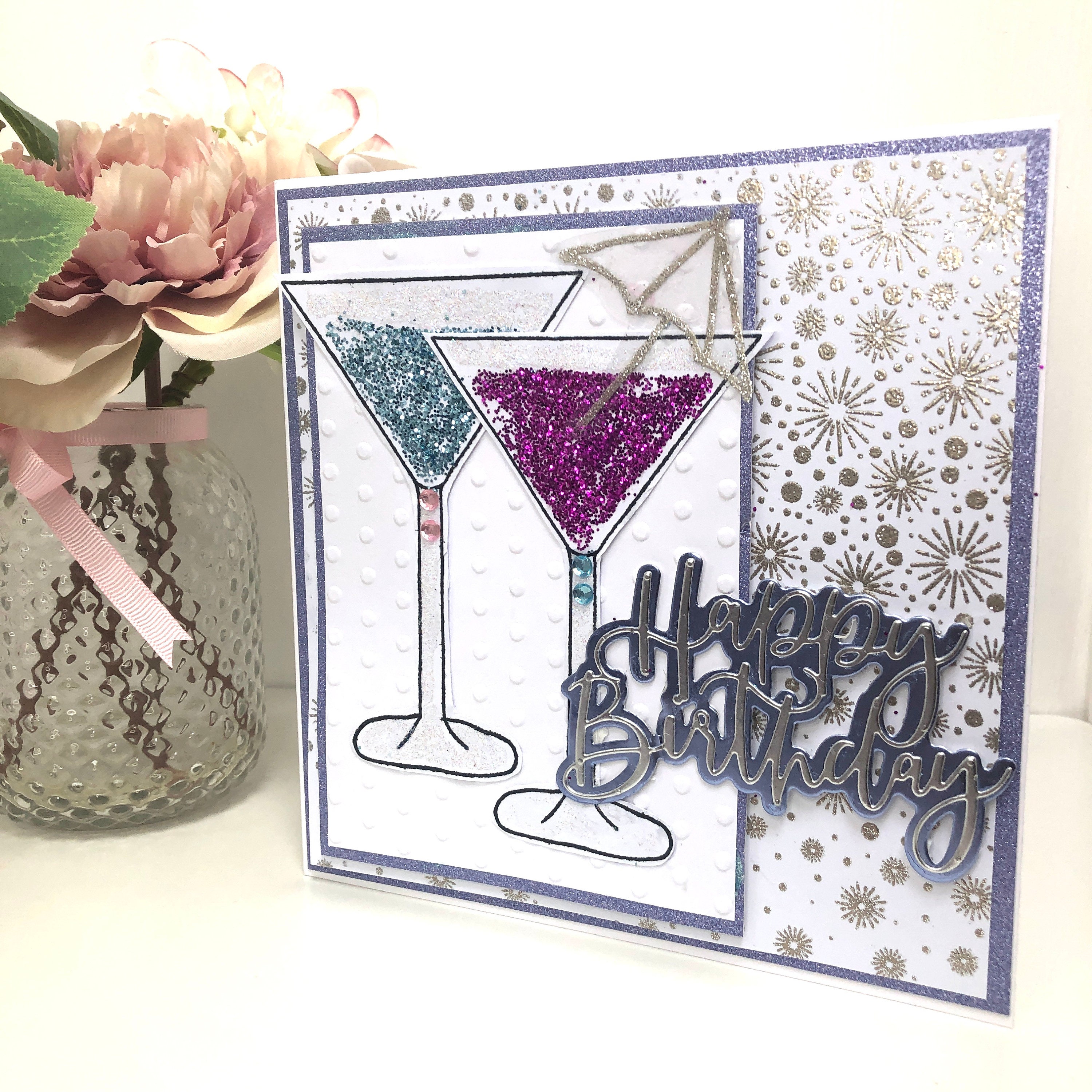 Handmade Glitter Birthday Card With Cocktail Glasses. Glamorous ...