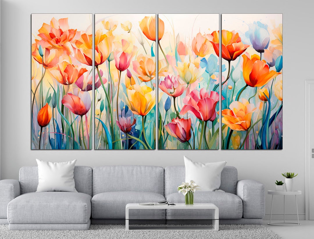 Extra Large Abstract Flower Triptych, Featuring Botanical Elegance and ...