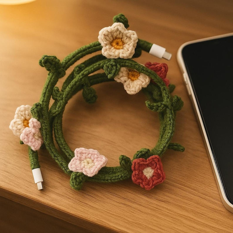 Crochet Charger Cover Pattern PDF Vine Flowers Phone Cable Cover ...