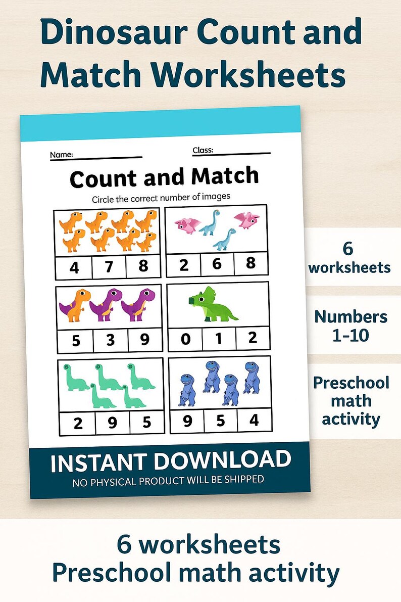 Dinosaur Count and Match Worksheet | Printable Preschool Math Activity ...
