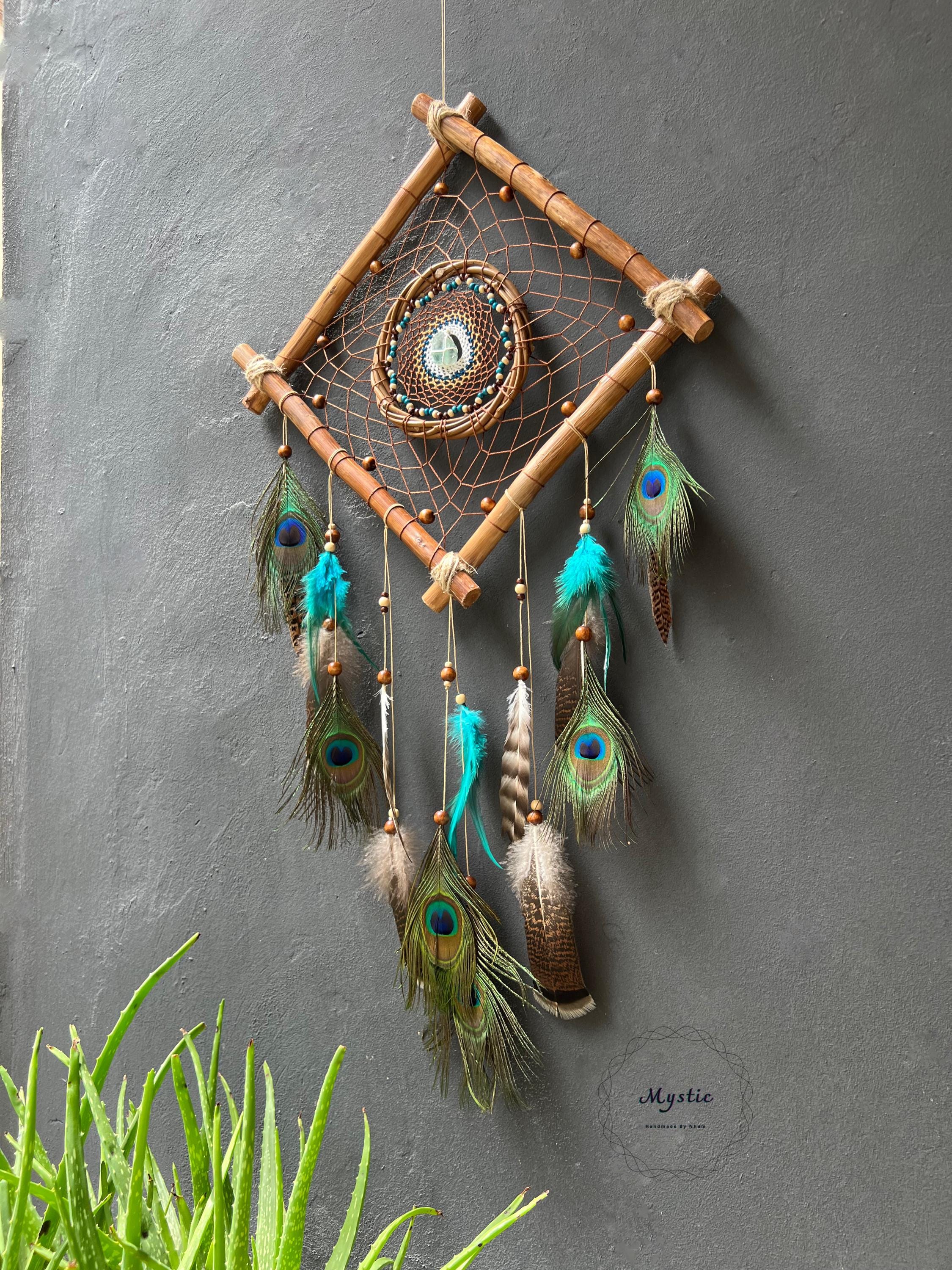 Square Peacock Feather Dreamcatcher: Large Turquoise Stone Wall Decor ...