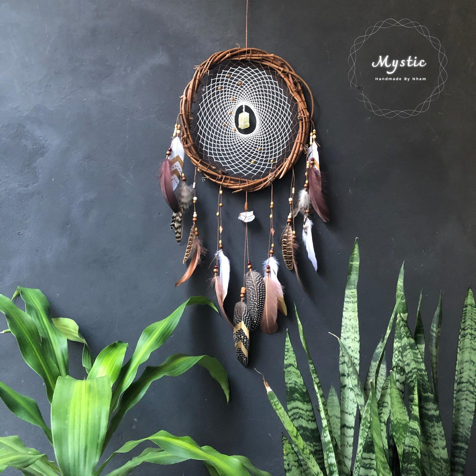 Handmade Crystal Dream Catcher: Natural Vines & Feathers Wall Decor - Etsy