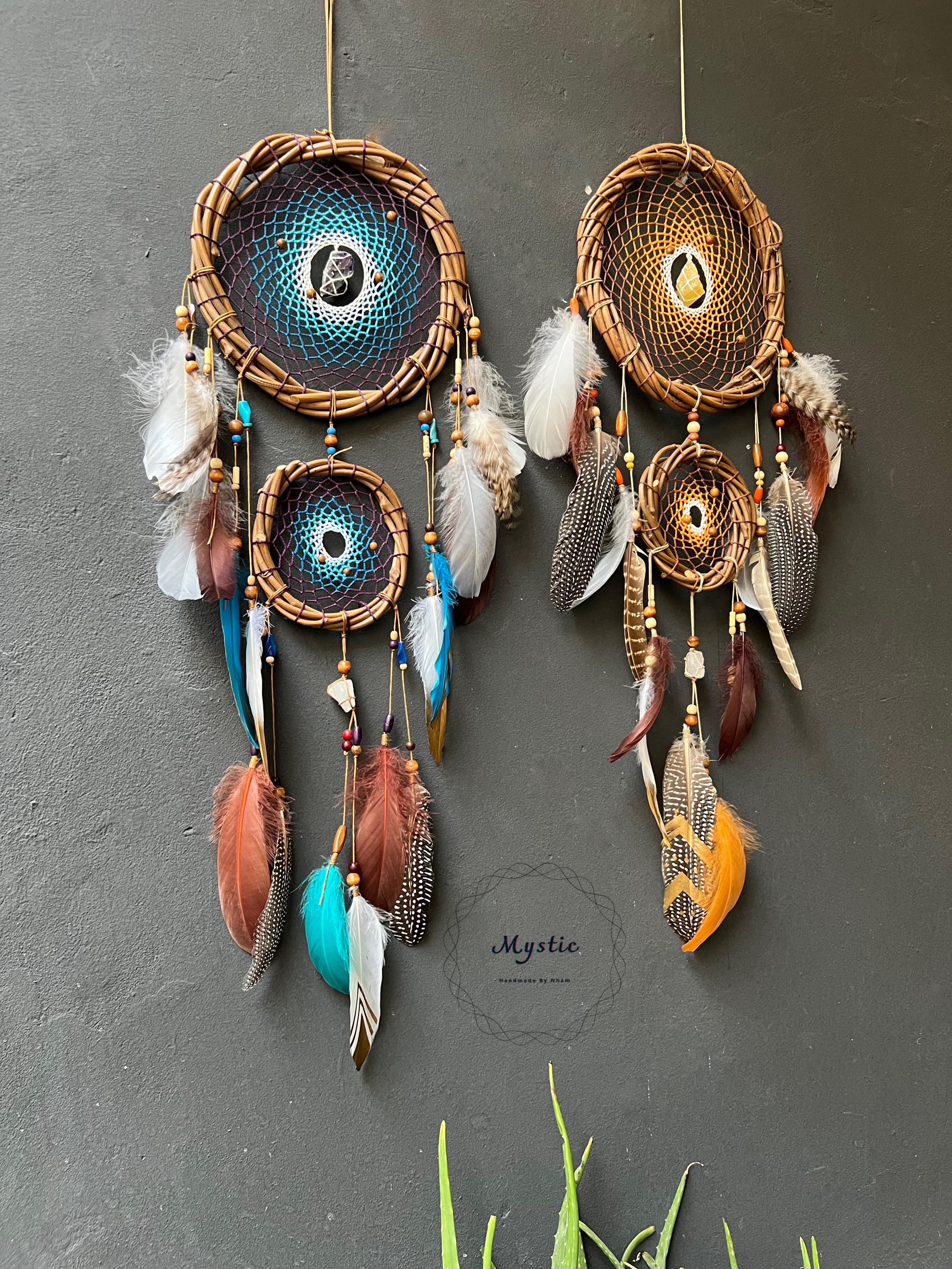 Handmade Boho Dream Catcher: Natural Feathers, Crystal Ornament - Etsy