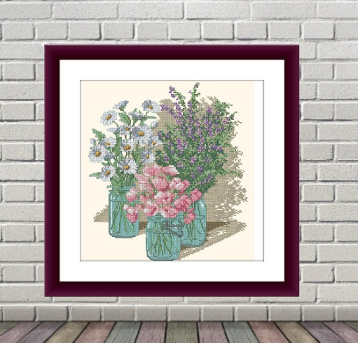 Flowers in jars Counted cross stitch pattern pdf Flower | Etsy